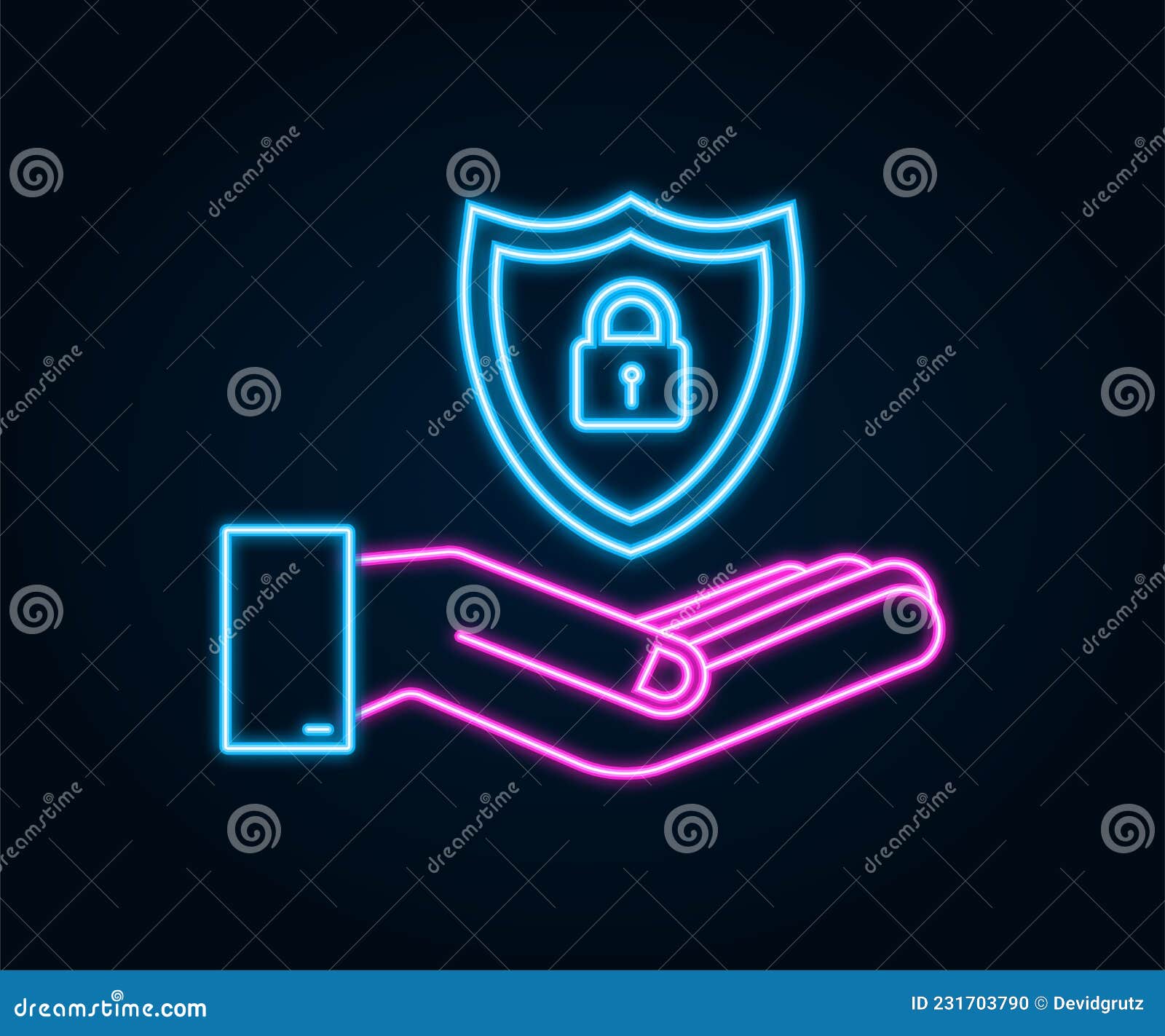 Neon Cyber Security Vector Logo with Shield and Check Mark. Hands ...