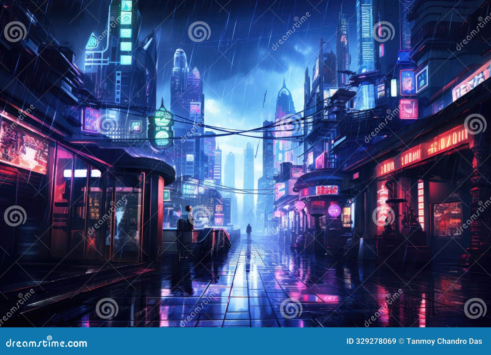 A Neon Cyberpunk Cityscape In The Rain, Ai Generated Royalty-Free Stock ...