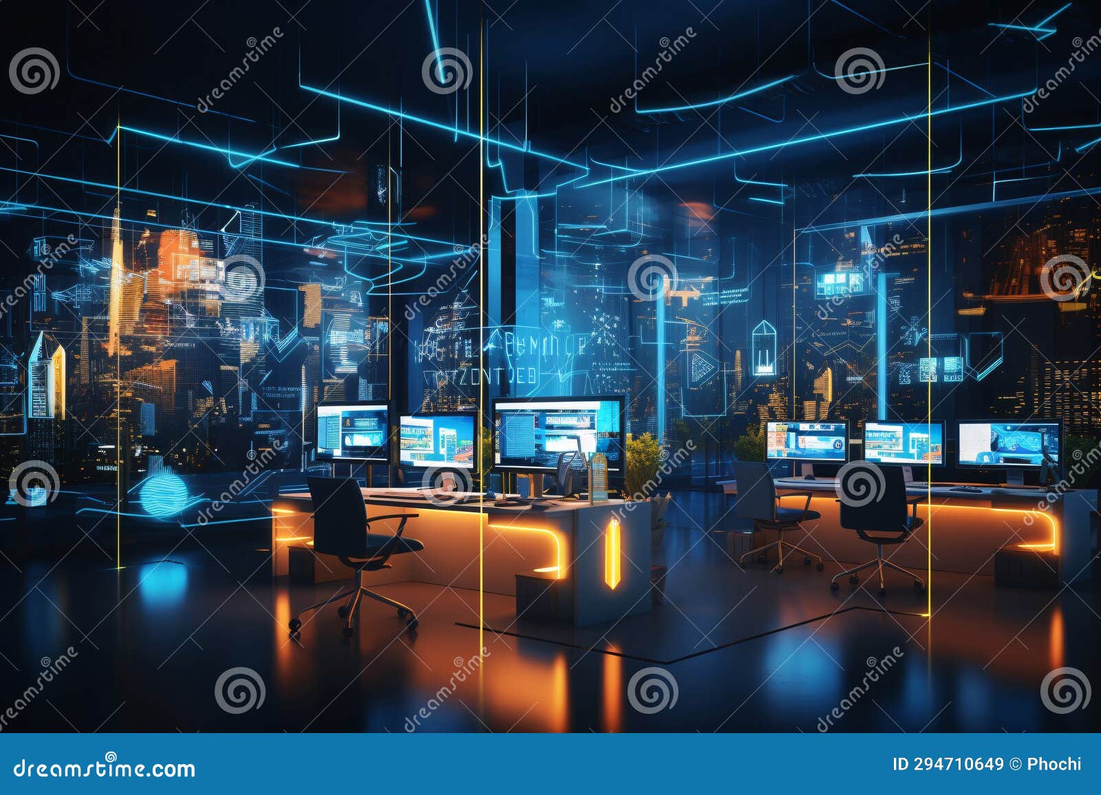 Neon Cyberpunk Open Space Office Interior, Modern it Concept Stock ...
