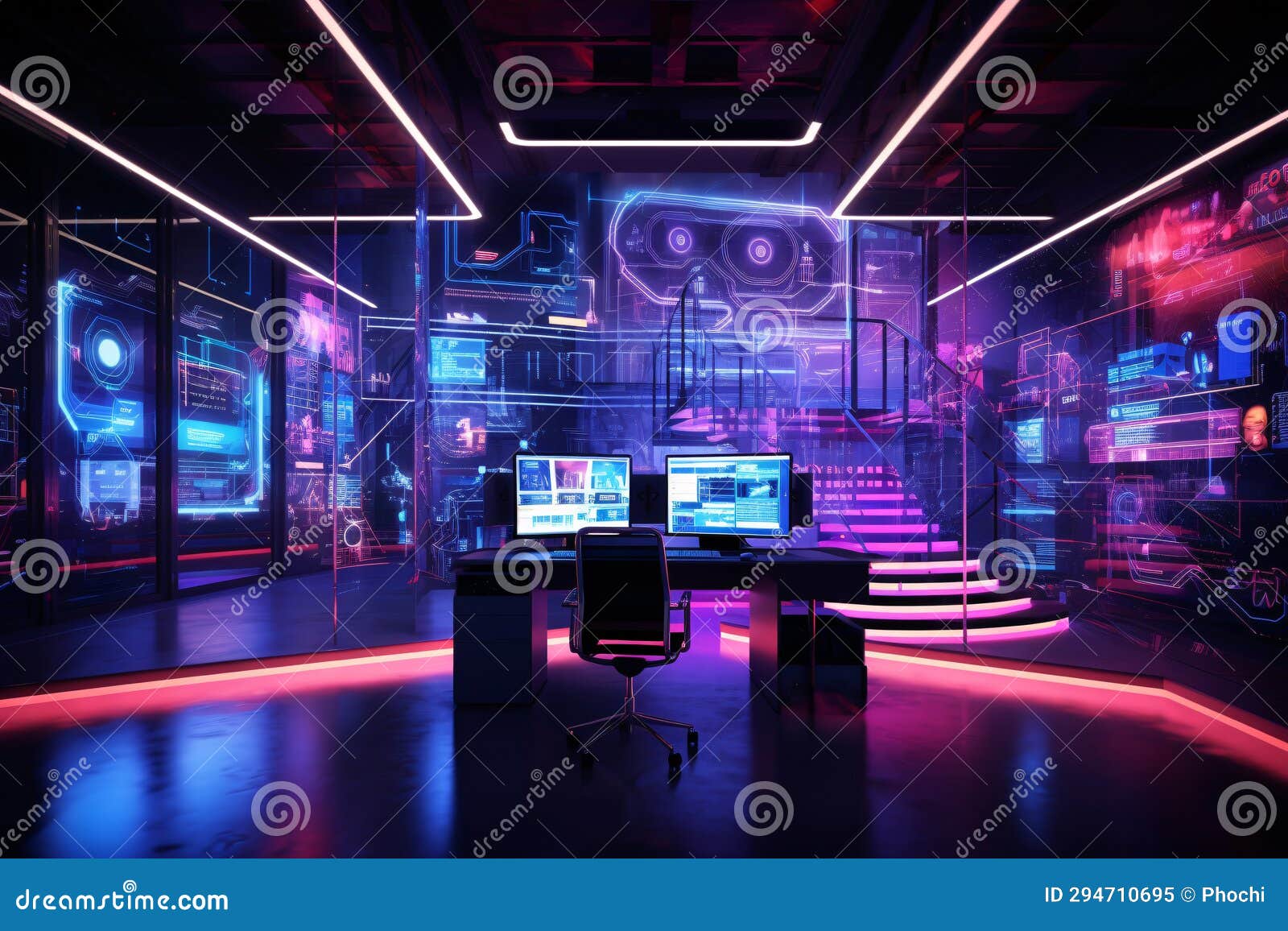 Neon Cyberpunk Open Space Office Interior, Modern it Concept Stock ...