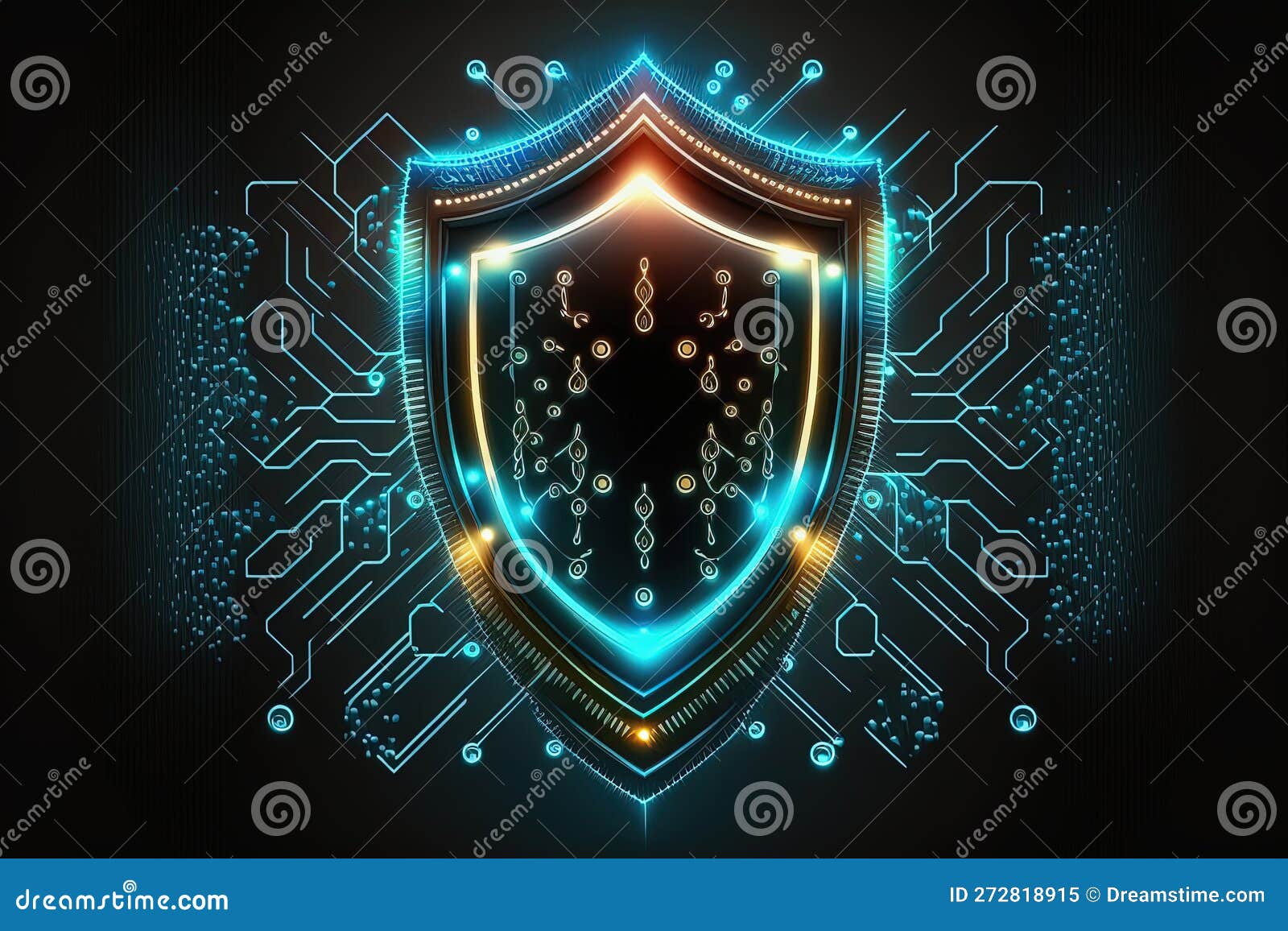 Neon Data with Security Shield. Concept of Protection, Cyper Safety. AI ...