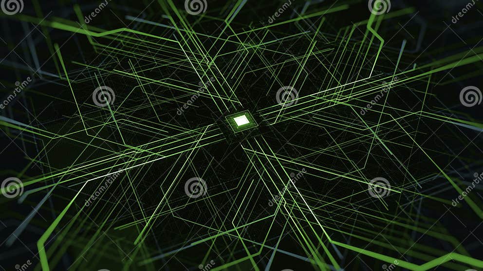 Neon Diagram of Computer Matrix. Animation. Moving Lines of Neural Networks in Computer Circuit ...