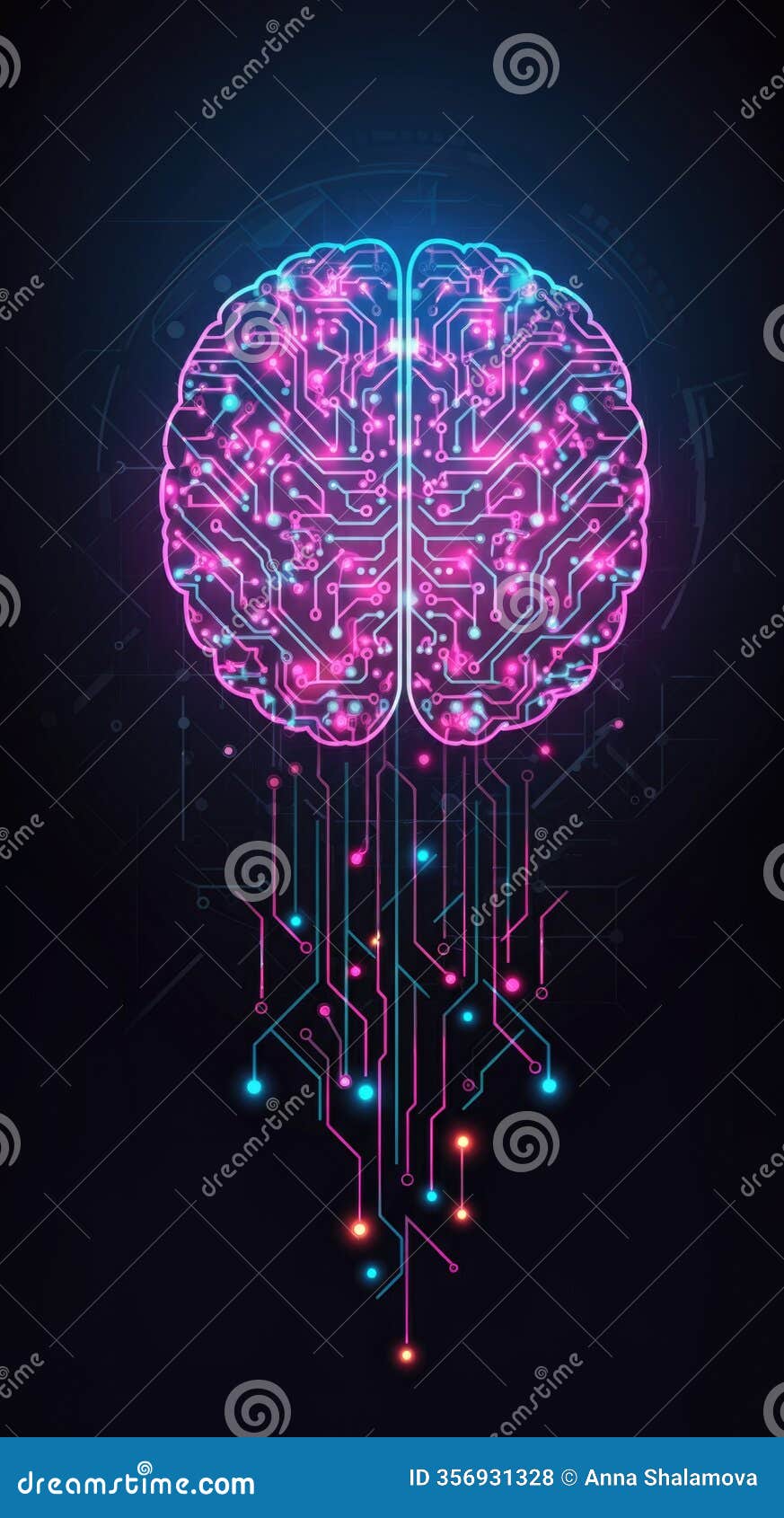 Neon Digital Brain with Circuitry Pathways on Dark Background Stock ...