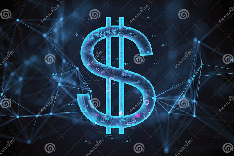 Neon Digital Dollar Sign on a Tech Background. 3D Rendering Stock ...