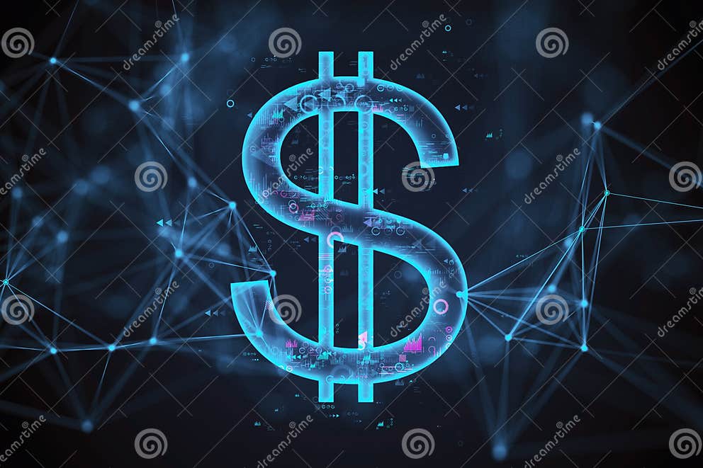 Neon Digital Dollar Sign on a Tech Background. 3D Rendering Stock ...