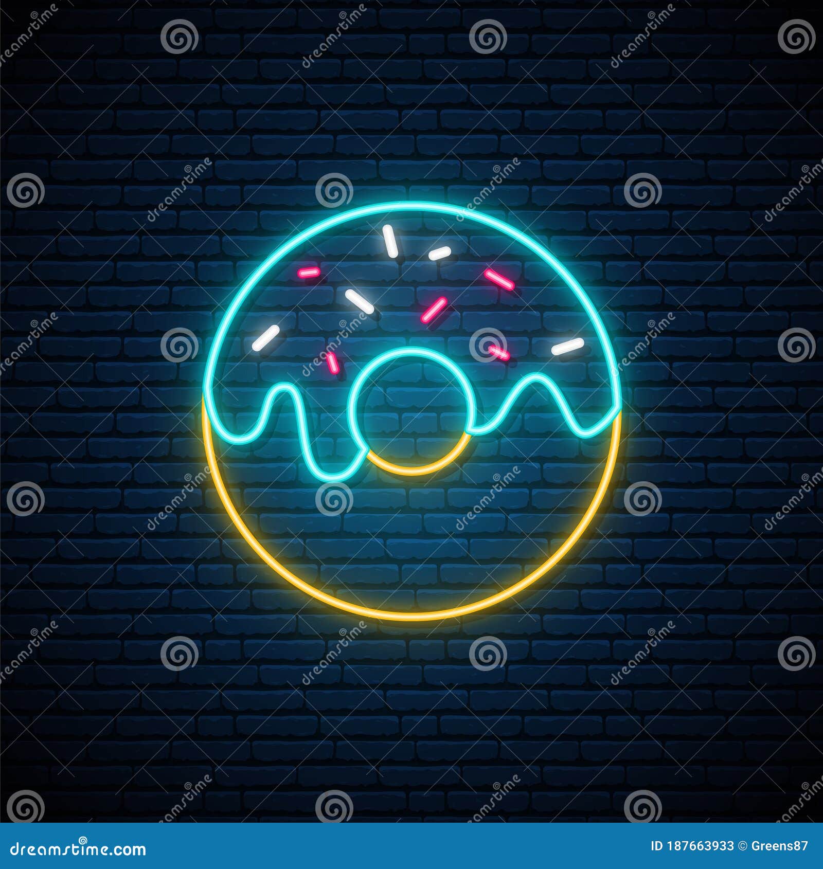 Neon Donut Sign. Bright Glowing Donut Emblem On Dark Brick Wall ...
