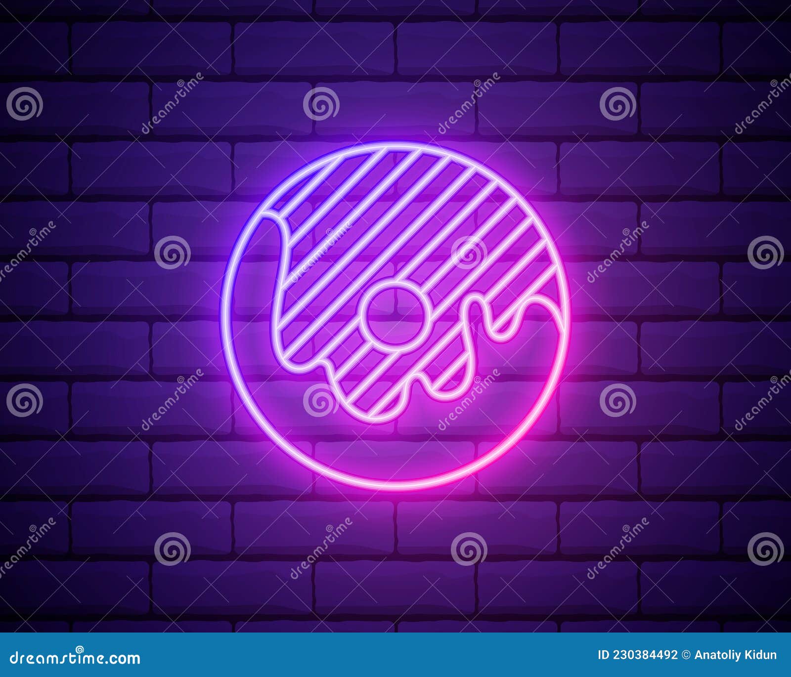 Neon Donut Sign. Bright Glowing Donut Emblem On Dark Brick Wall ...