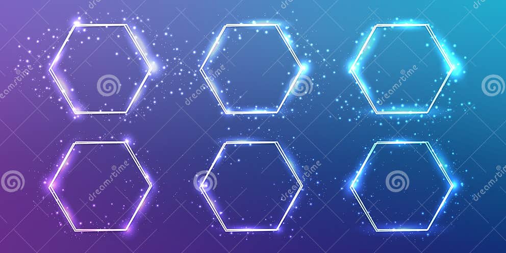 Neon Double Hexagon Frame with Shining Effects Stock Illustration - Illustration of billboard ...