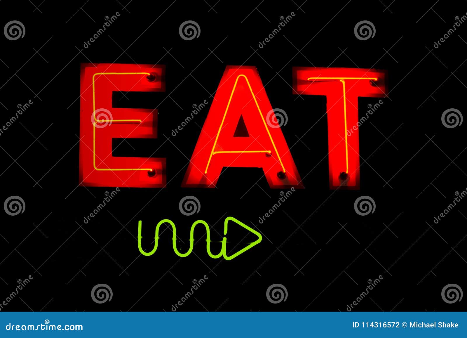 Neon Eat Restaurant Sign stock photo. Image of arrow - 114316572