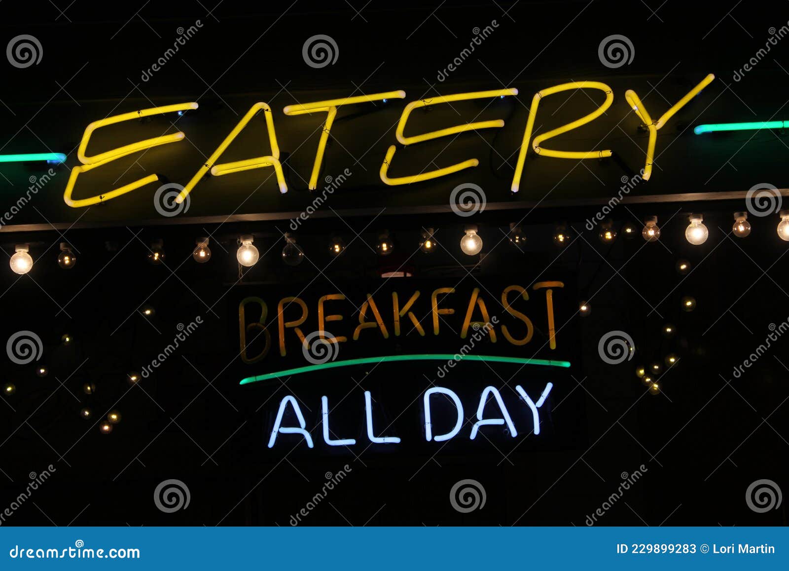 Neon Eatery and Breakfast All Day Sign on Restaurant Stock Image ...