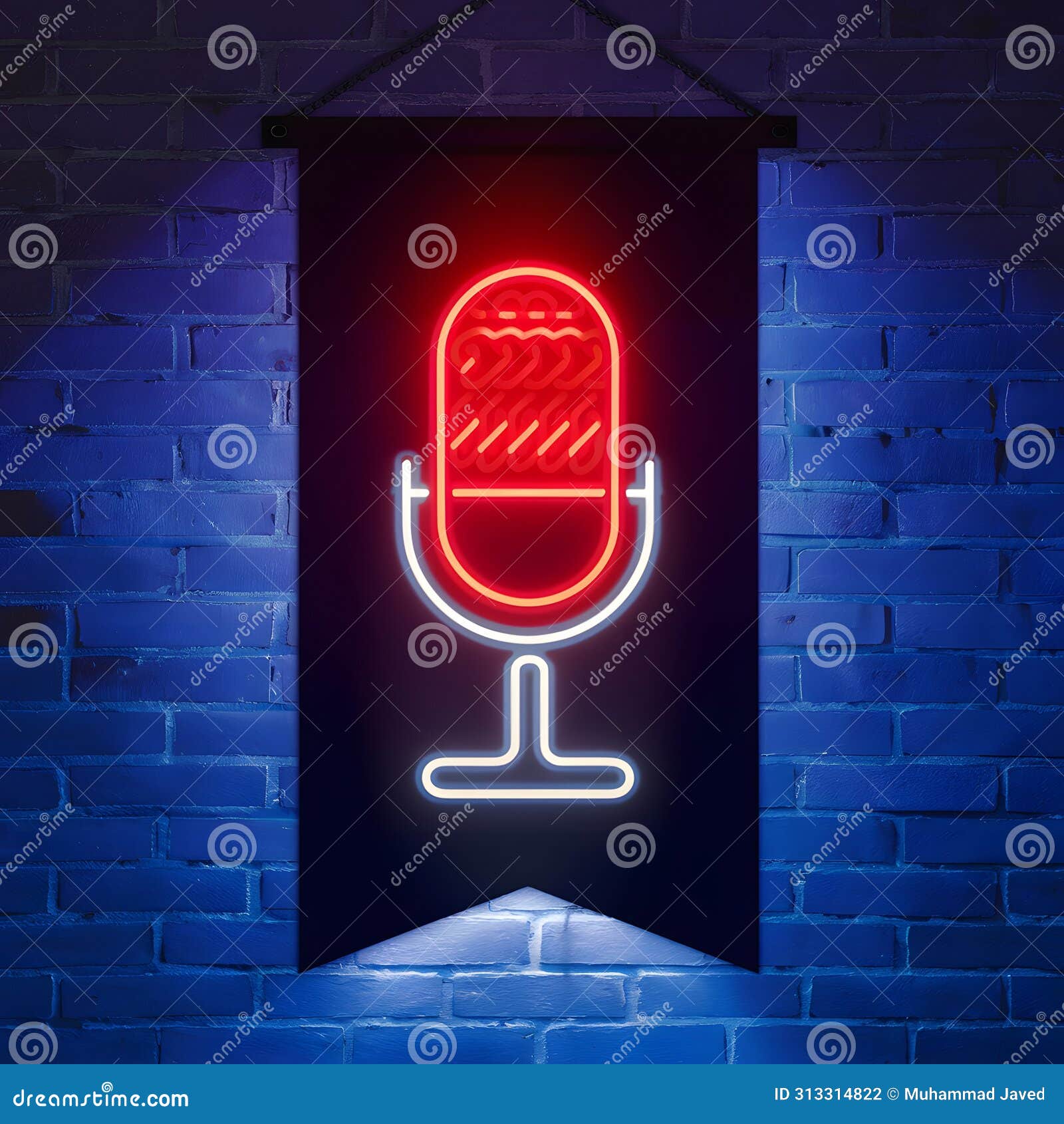 Neon Elegance Studio Microphone Banner Illuminated with Red and Blue ...