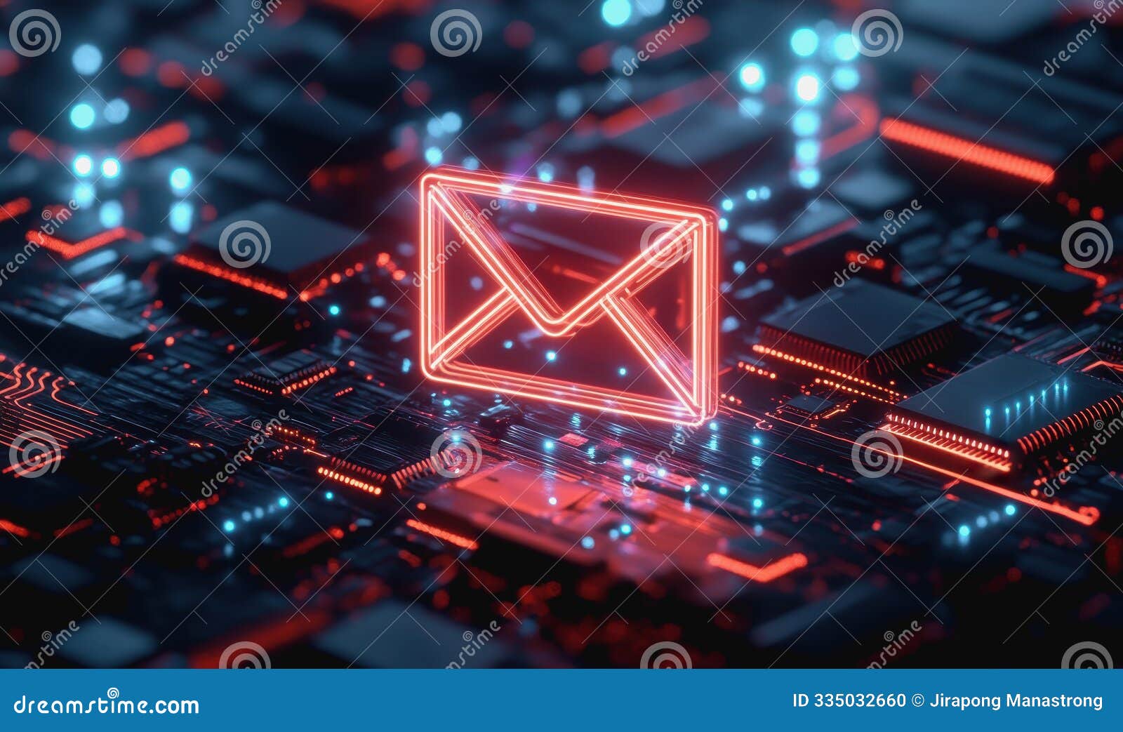 Neon Email Icon Floating Above Intricate Circuits, Representing Digital ...