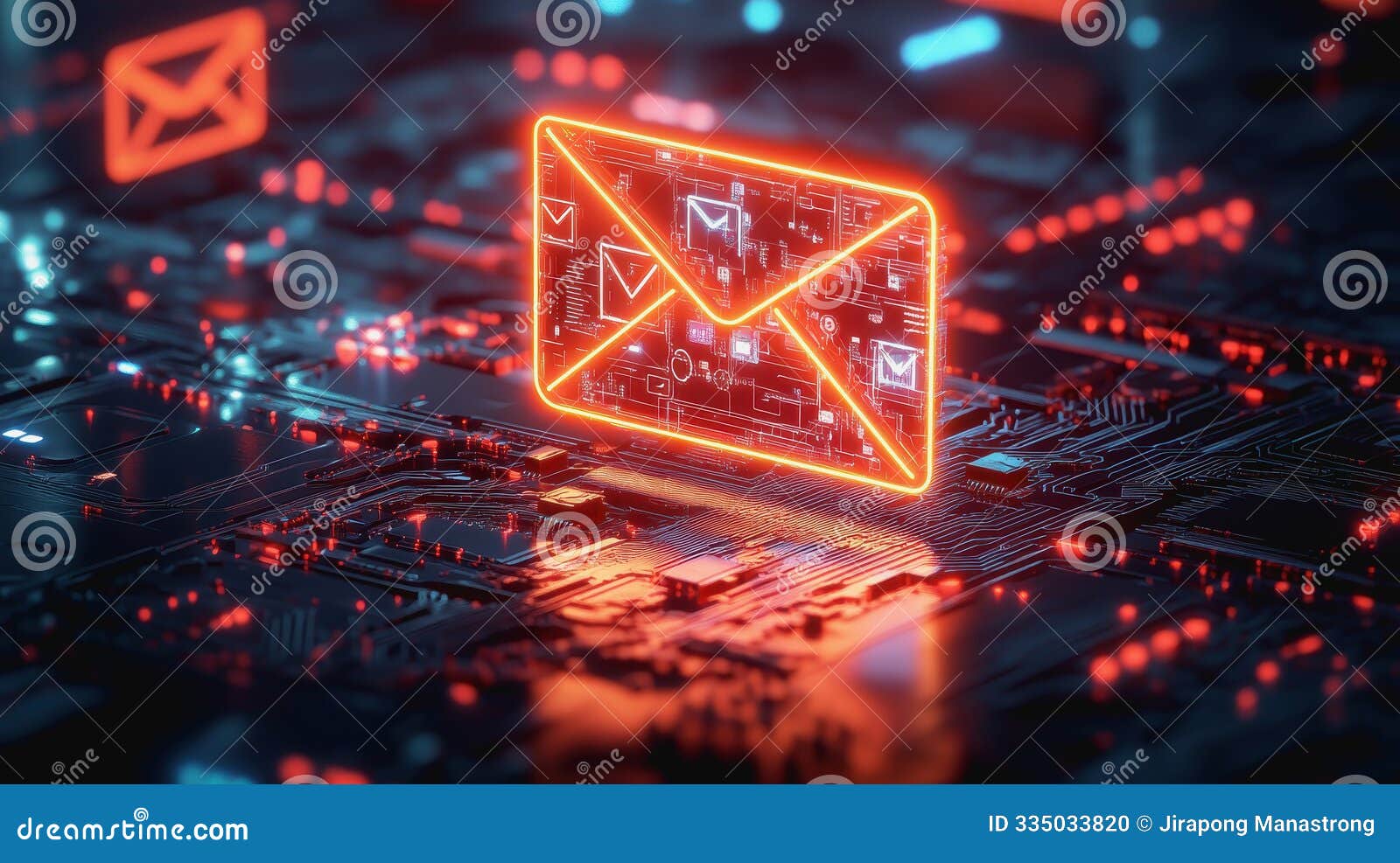Neon Email Icon Floating Above Intricate Circuits, Representing Digital ...