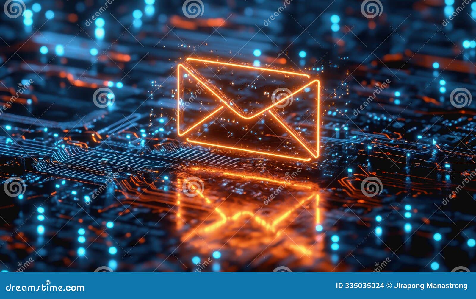 Neon Email Icon Floating Above Intricate Circuits, Representing Digital ...