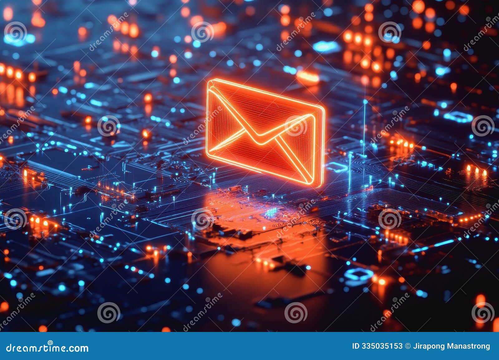 Neon Email Icon Floating Above Intricate Circuits, Representing Digital ...