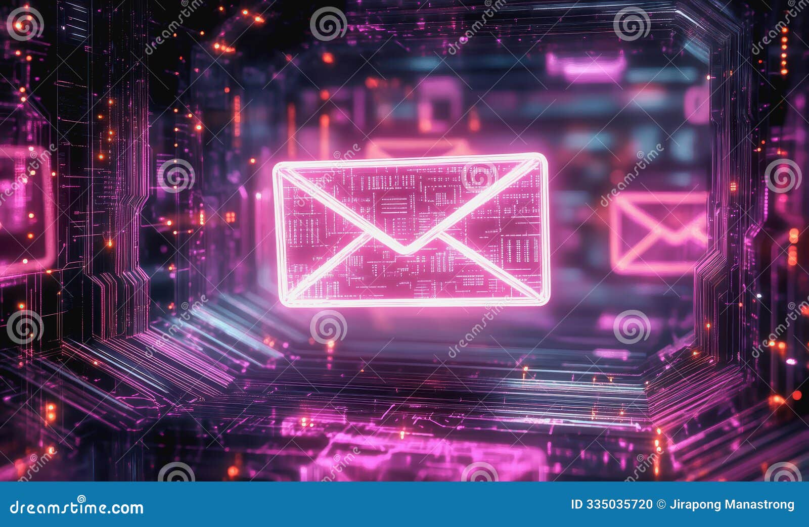 Neon Email Icon Floating Above Intricate Circuits, Representing Digital ...
