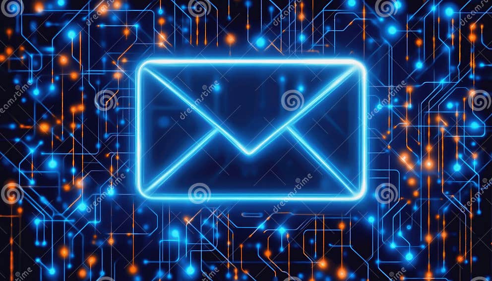Neon Email Icon Floating Above Intricate Circuits, Representing Digital ...