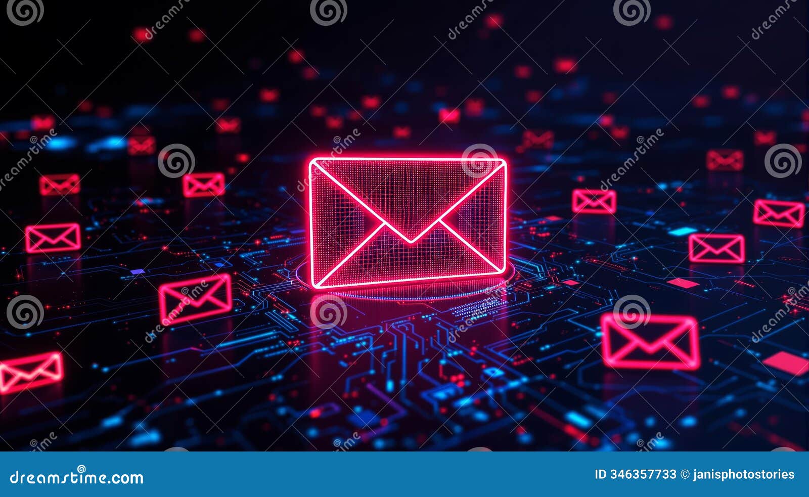 Neon Email Symbols in Digital Landscape, Dark Background, Represents ...