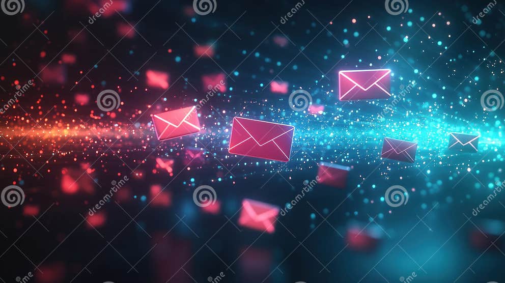 Neon Envelopes Floating in a Digital Space, Symbolizing Electronic ...