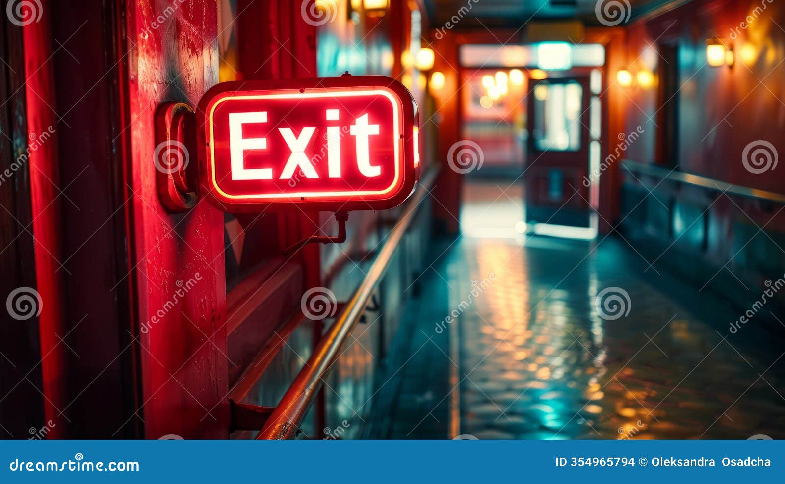 A Neon Exit Sign in a Corridor Stock Photo - Image of departure, safety ...