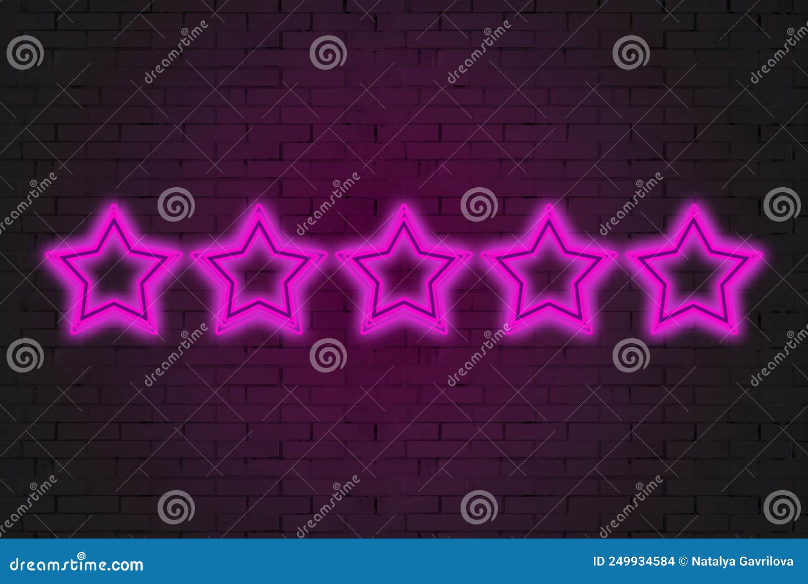 Neon Five Stars. Golden Illuminated Star Neons Lamps On Brick Wall ...