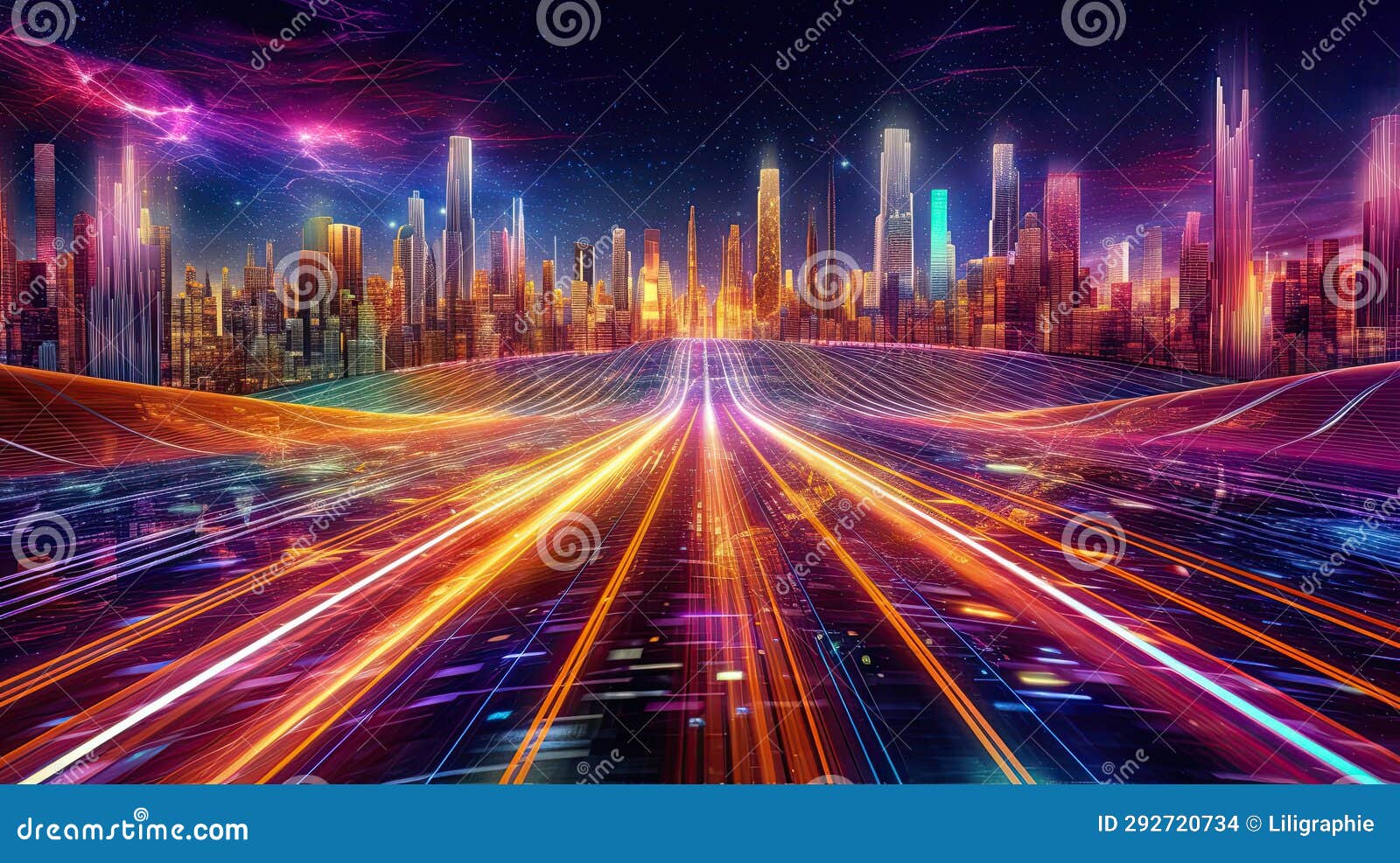 Neon Fluorescent Lights Background. Digital Data Flow Road. Cyber ...