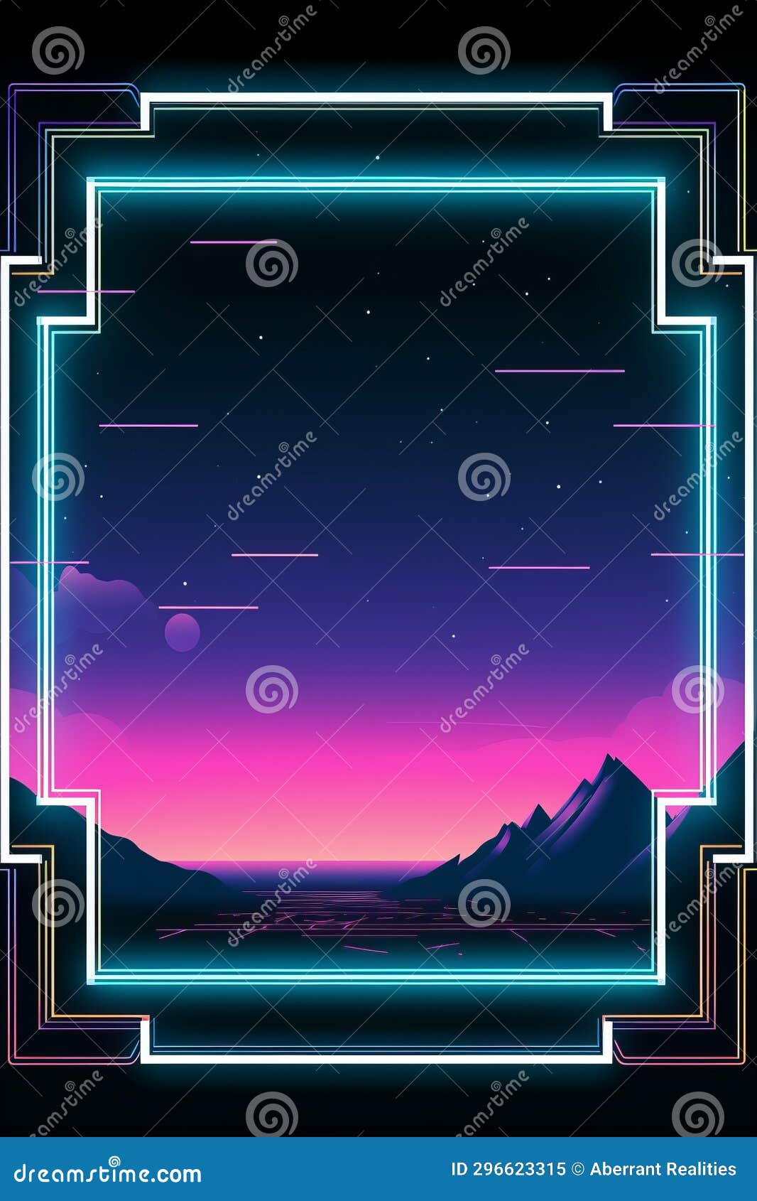 A Neon Frame with Mountains and a Starry Night Sky Stock Illustration ...