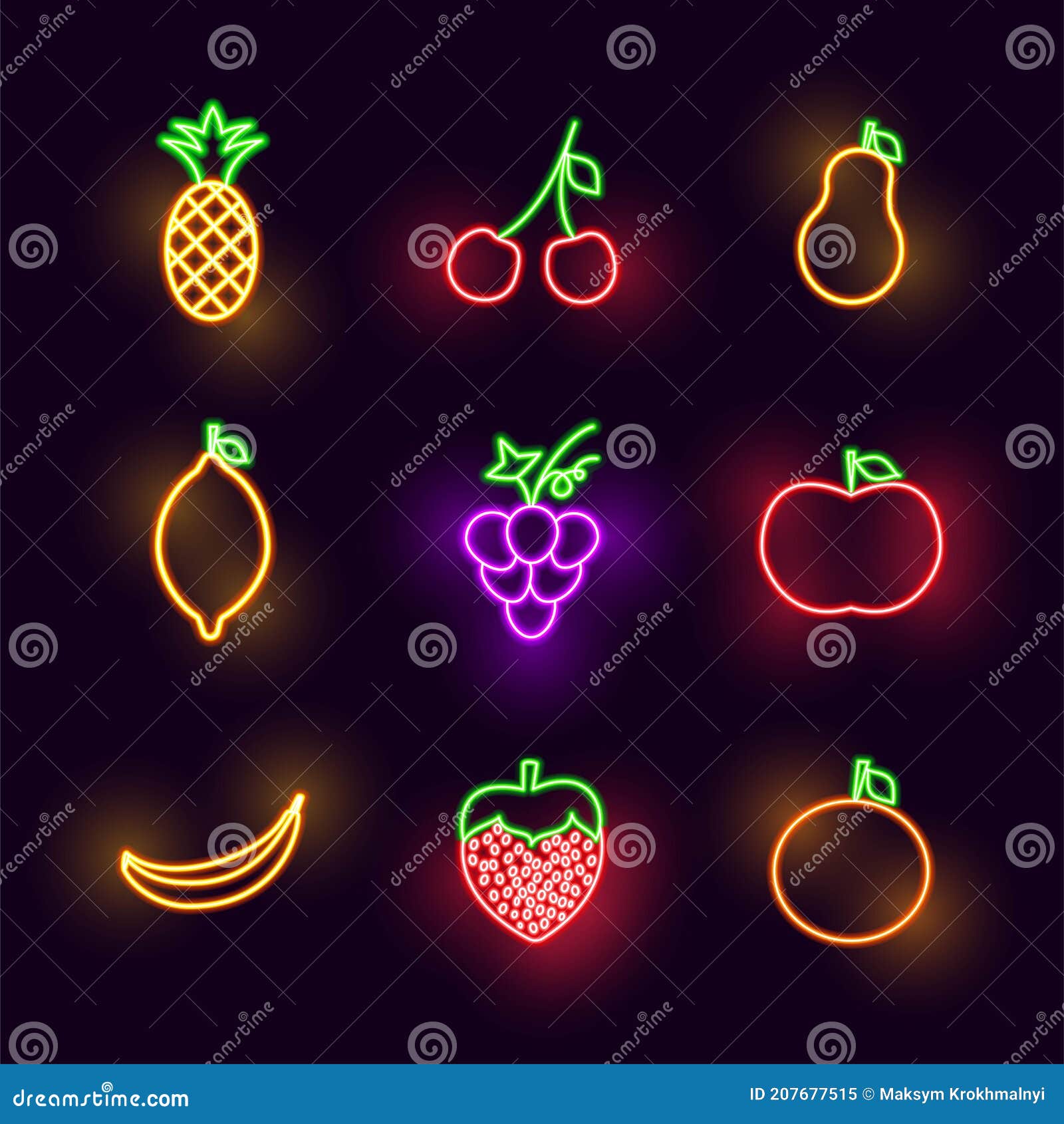 Neon Fruits Set Vector Illustration of Food Objects Stock Illustration ...