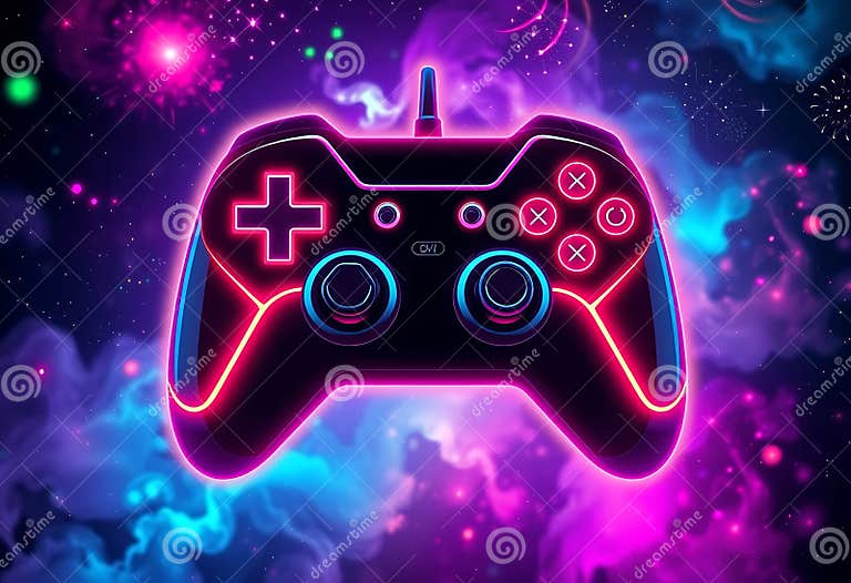 Neon Game Controller in Cosmic Dreamscape: a Retro-Synth Artwork Stock Illustration ...