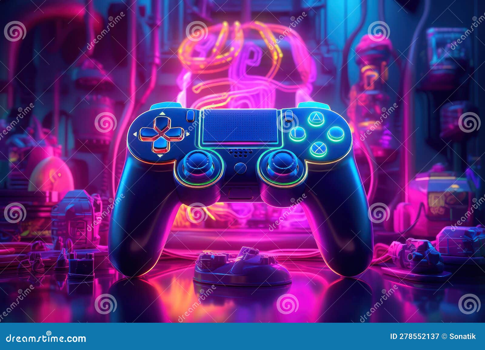 Neon Gaming Joystick by Generative AI Stock Illustration - Illustration ...