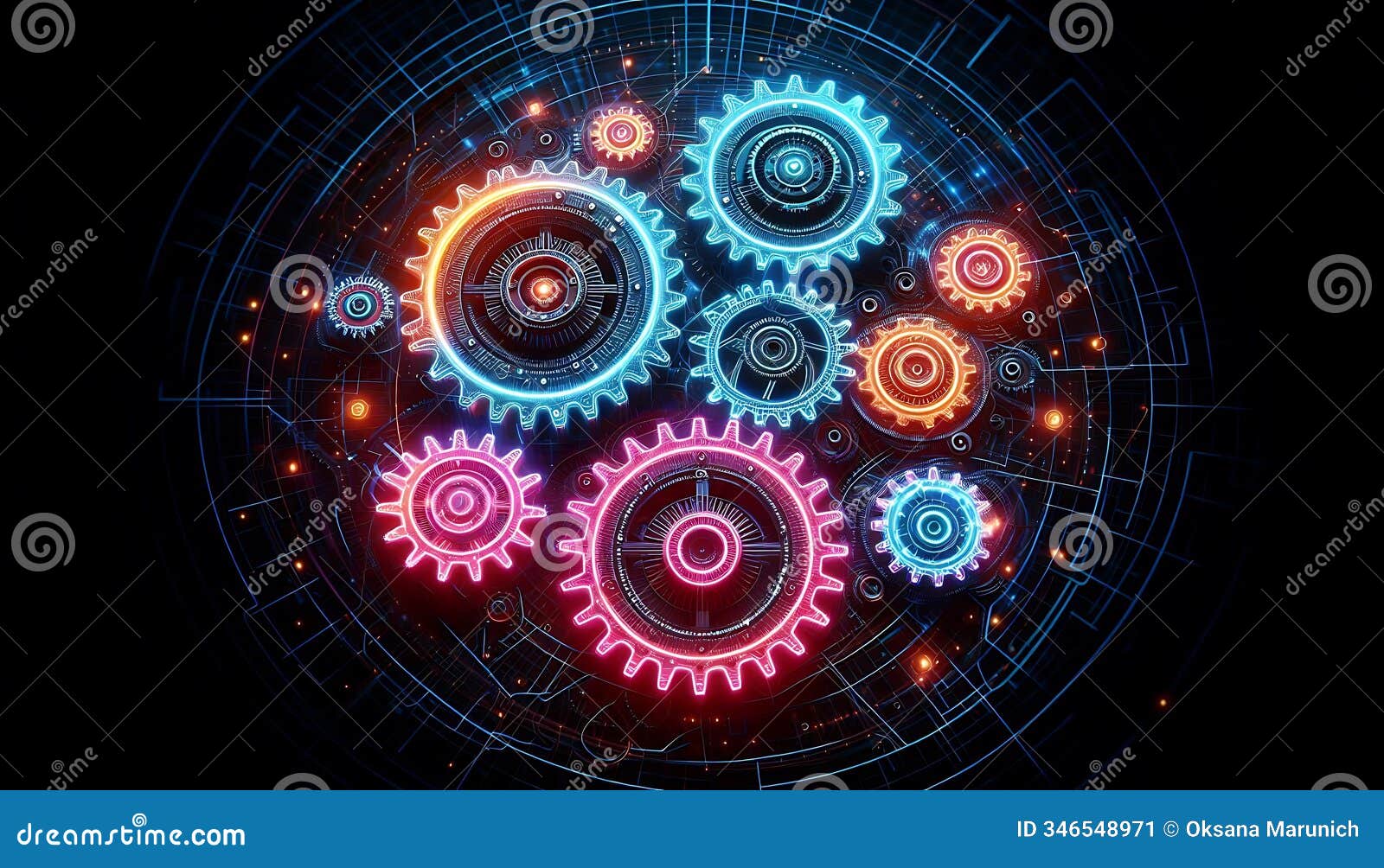 Neon Gears and Cogs Rotating Seamlessly in Dark Mechanical Space ...