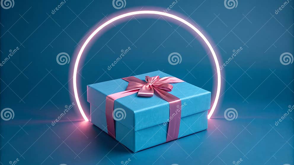 Neon Gift Blue Box, Pink Bow, Circular Light Stock Illustration ...