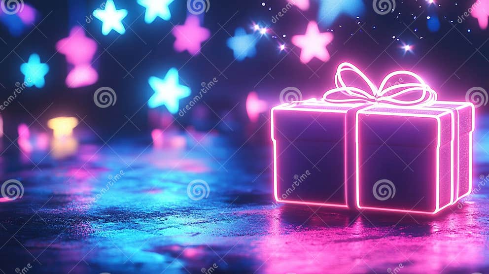 Neon Gift Box with Glowing Stars on Reflective Surface Stock Photo ...