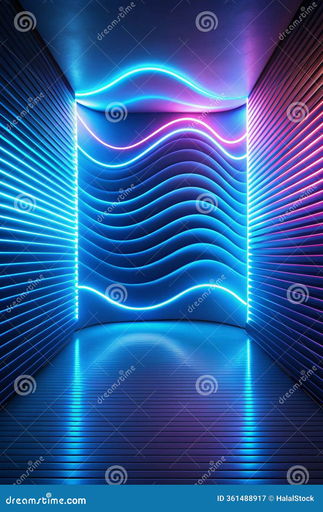 Neon Glow with Wavy Lines and LED Wall on Dark Background Stock ...