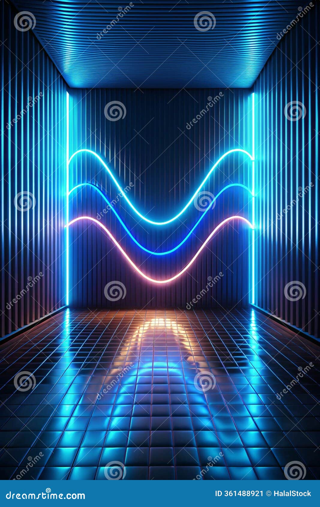 Neon Glow with Wavy Lines and LED Wall on Dark Background Stock ...