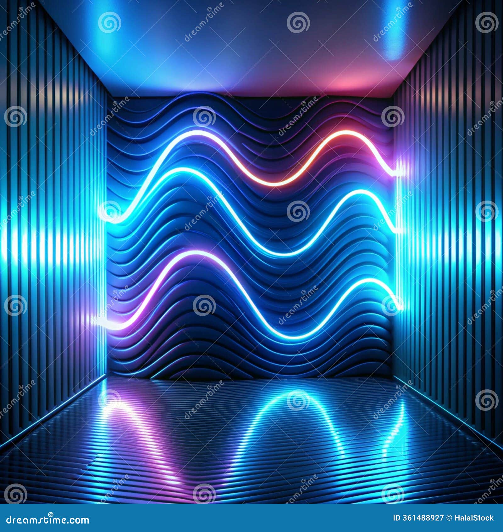 Neon Glow with Wavy Lines and LED Wall on Dark Background Stock ...