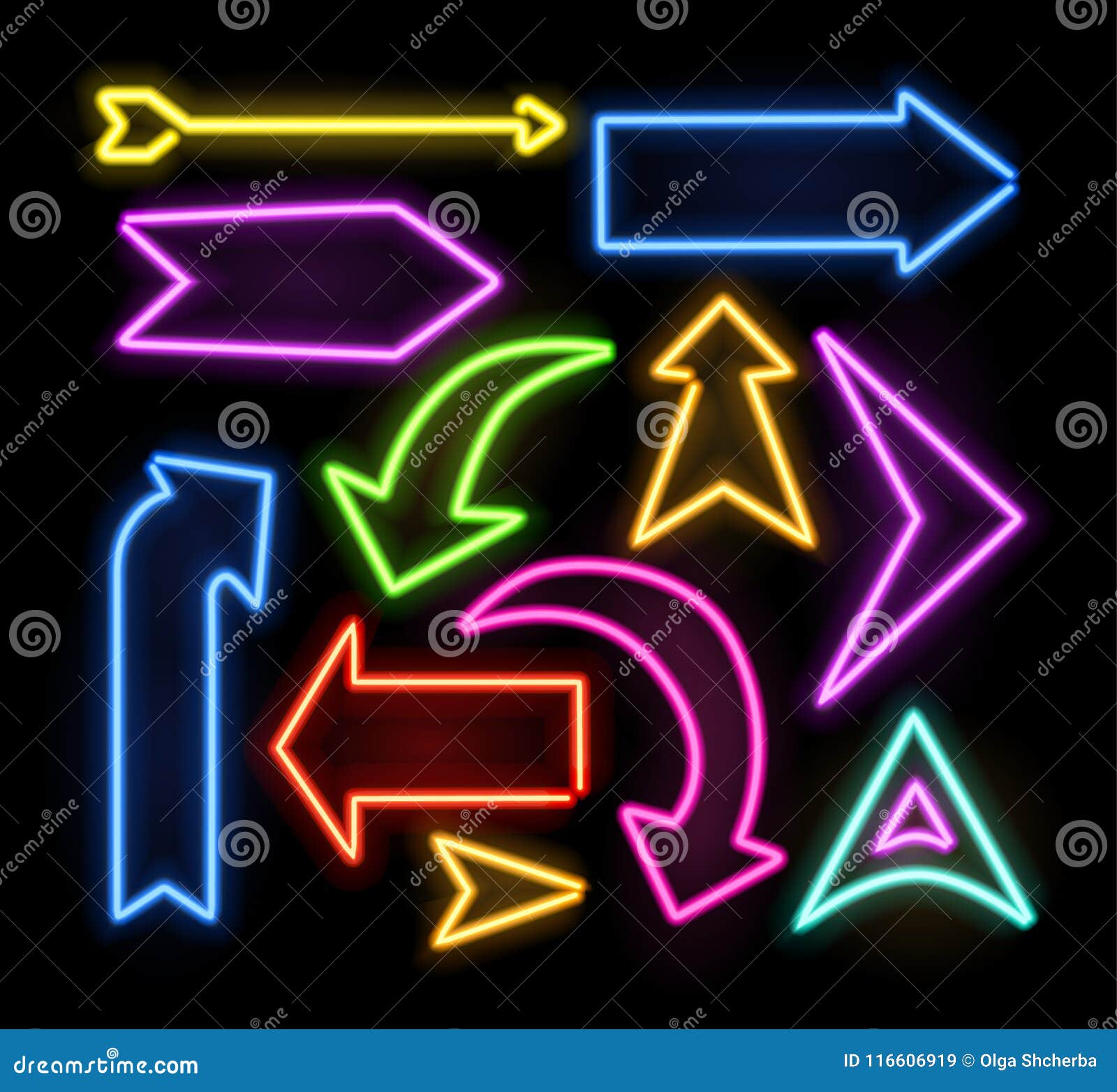 Neon Glowing Arrow Pointer Set on Dark Background Stock Vector ...