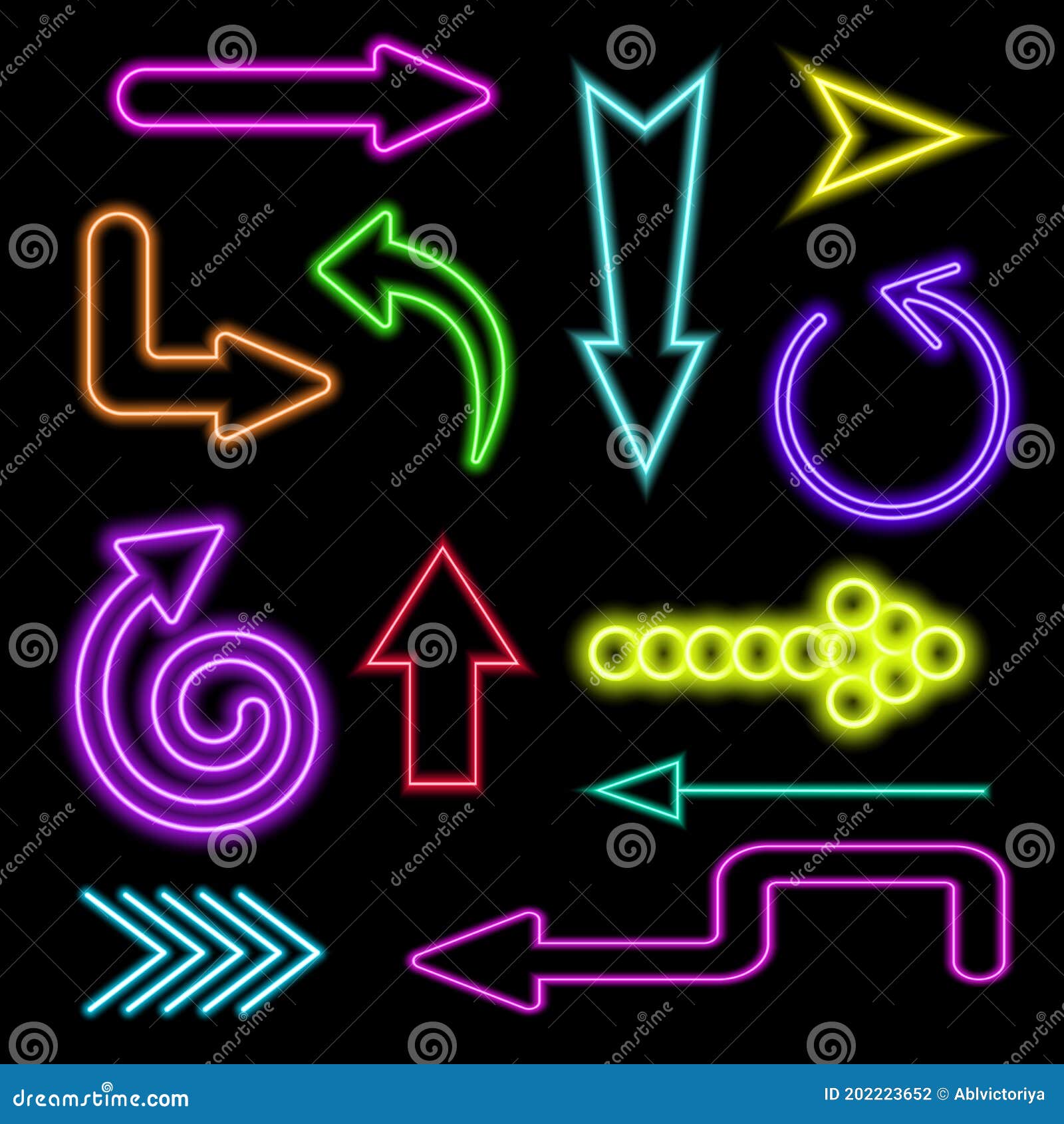 Neon Glowing Arrows Big Set. Lightning Signs on Dark Background Stock ...