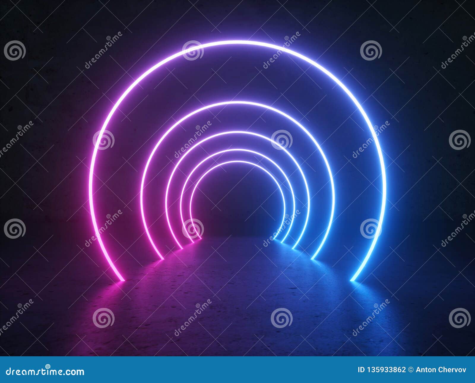 Neon Glowing Circle Round Shape Tubes on Reflection Concrete Floor ...