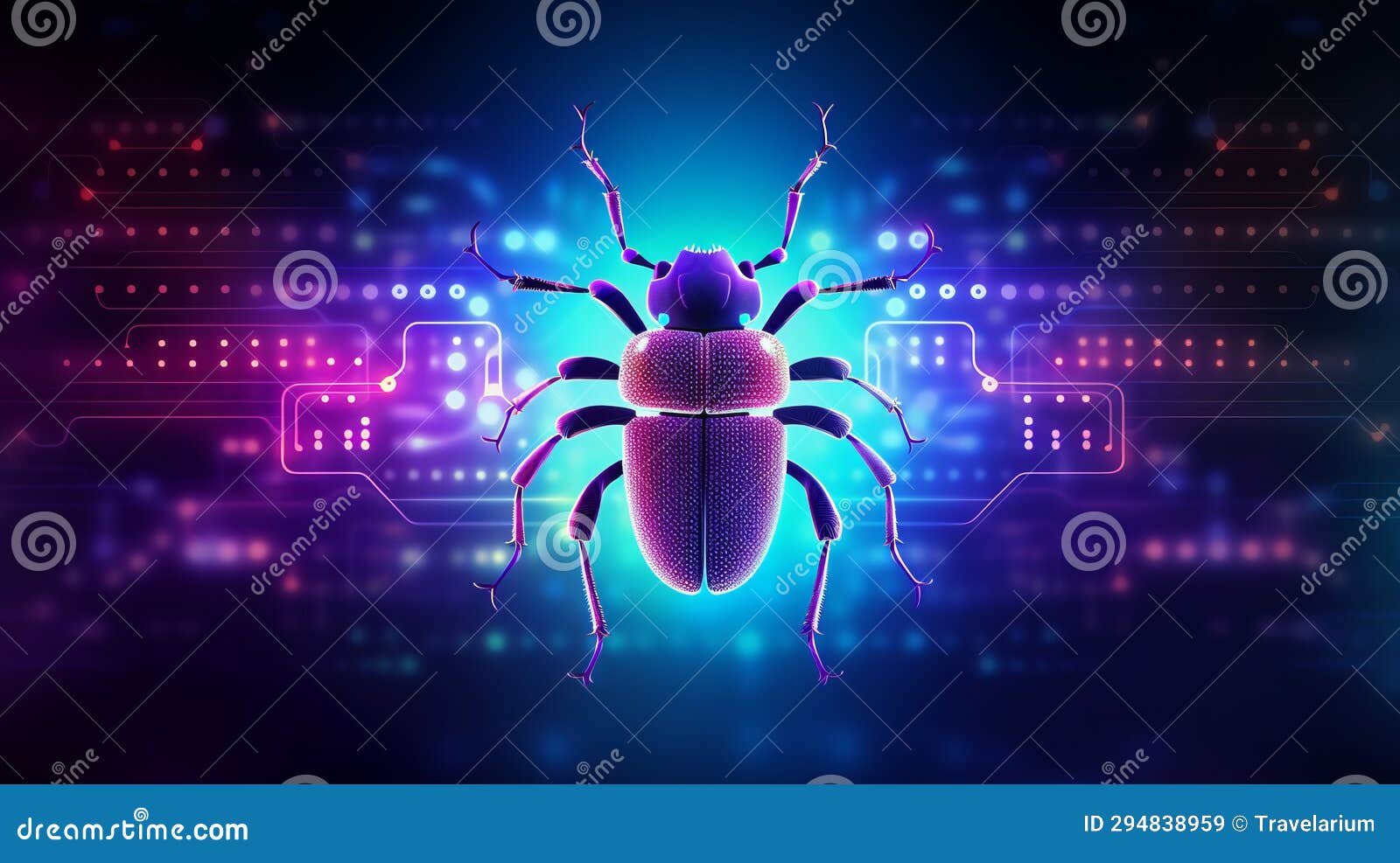 Neon Glowing Computer Bug Perched on Microchip Symbolizing Threat of ...