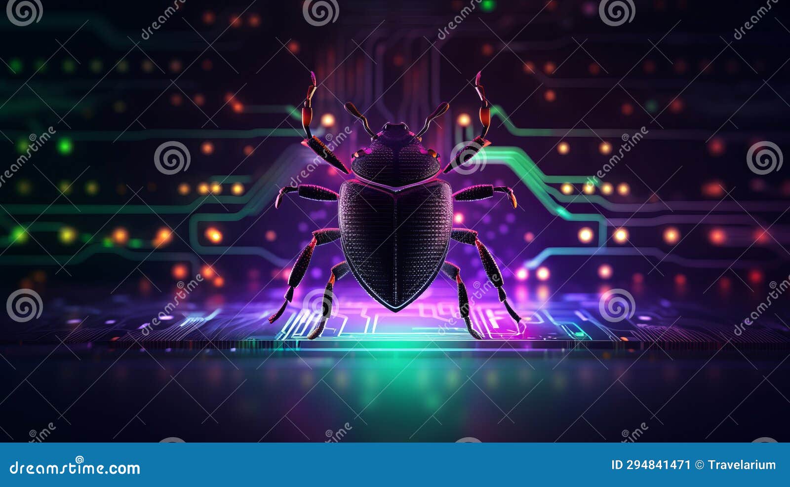 Neon Glowing Computer Bug Perched on Microchip Symbolizing Threat of ...