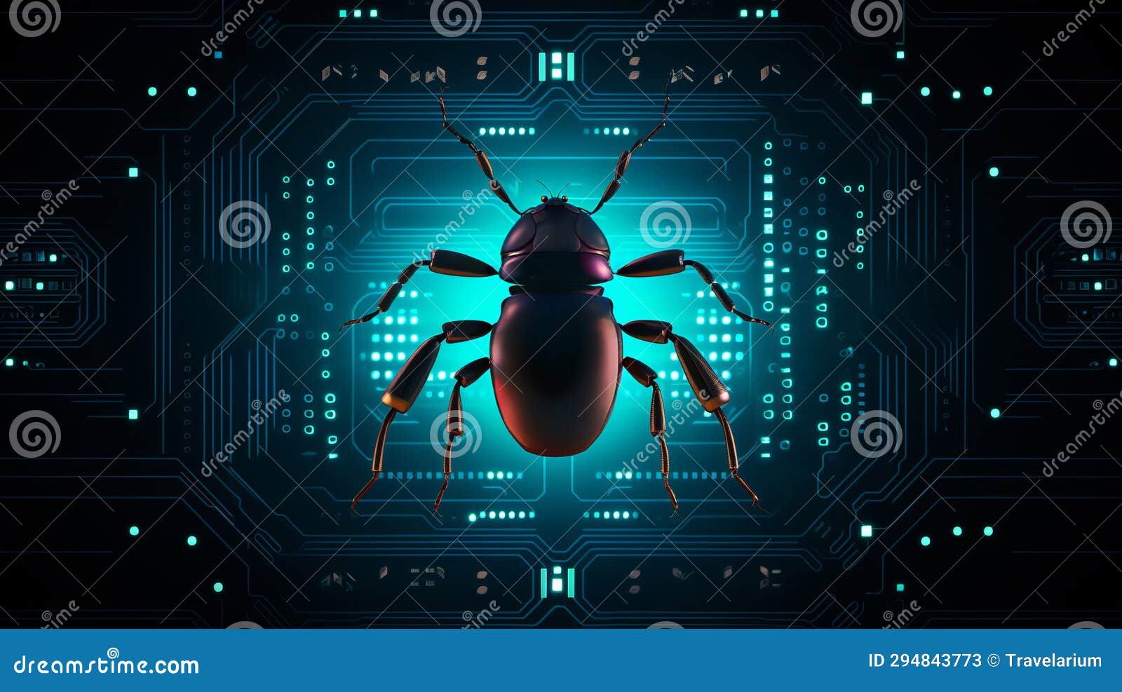 Neon Glowing Computer Bug Perched on Microchip Symbolizing Threat of ...