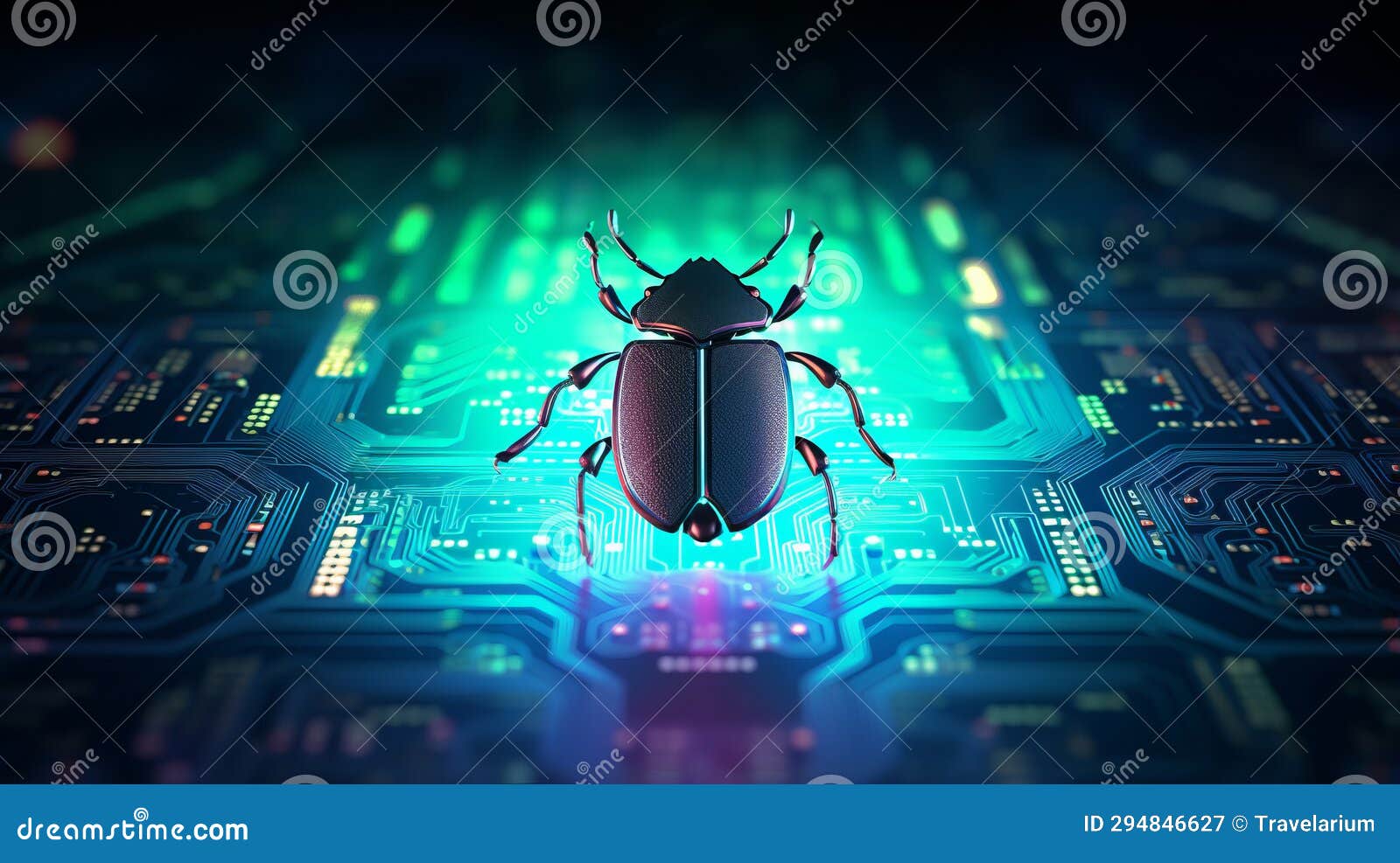 Neon Glowing Computer Bug Perched on Microchip Symbolizing Threat of ...