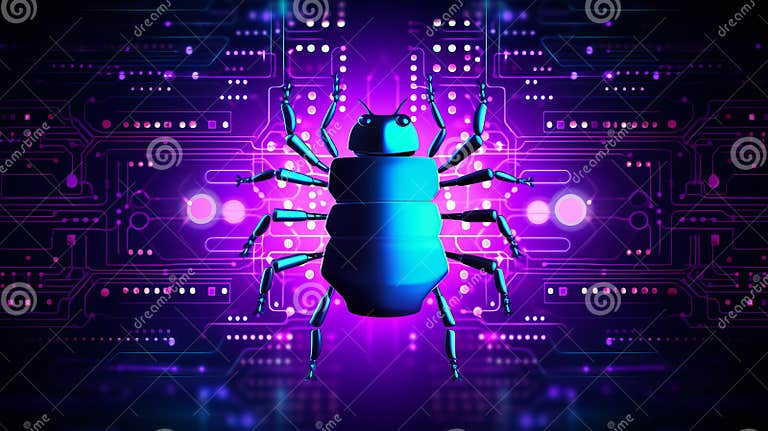Neon Glowing Computer Bug Perched on Microchip Symbolizing Threat of ...