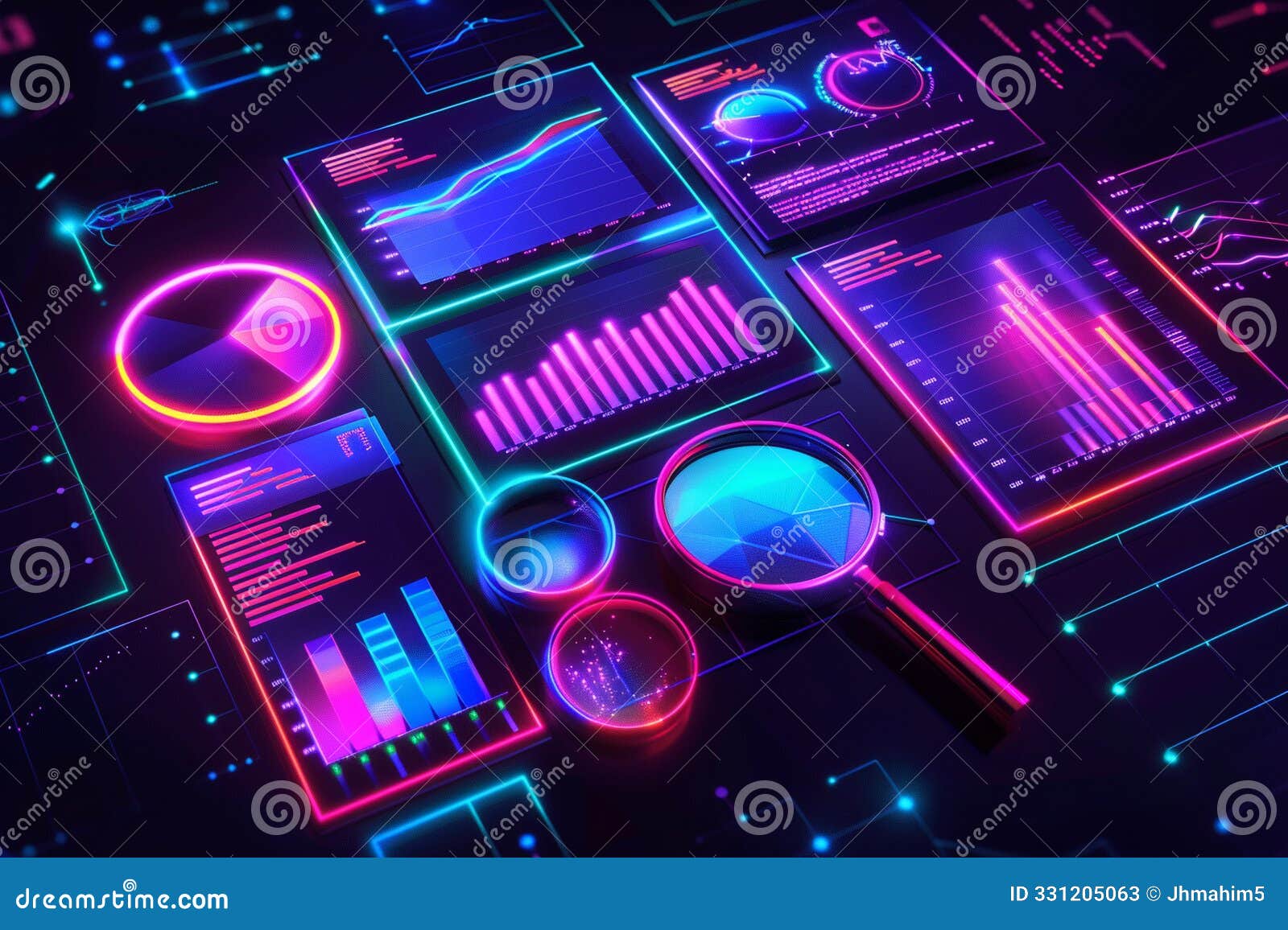 Neon Glowing Data Analytics Charts And Graphs Royalty-Free Cartoon ...