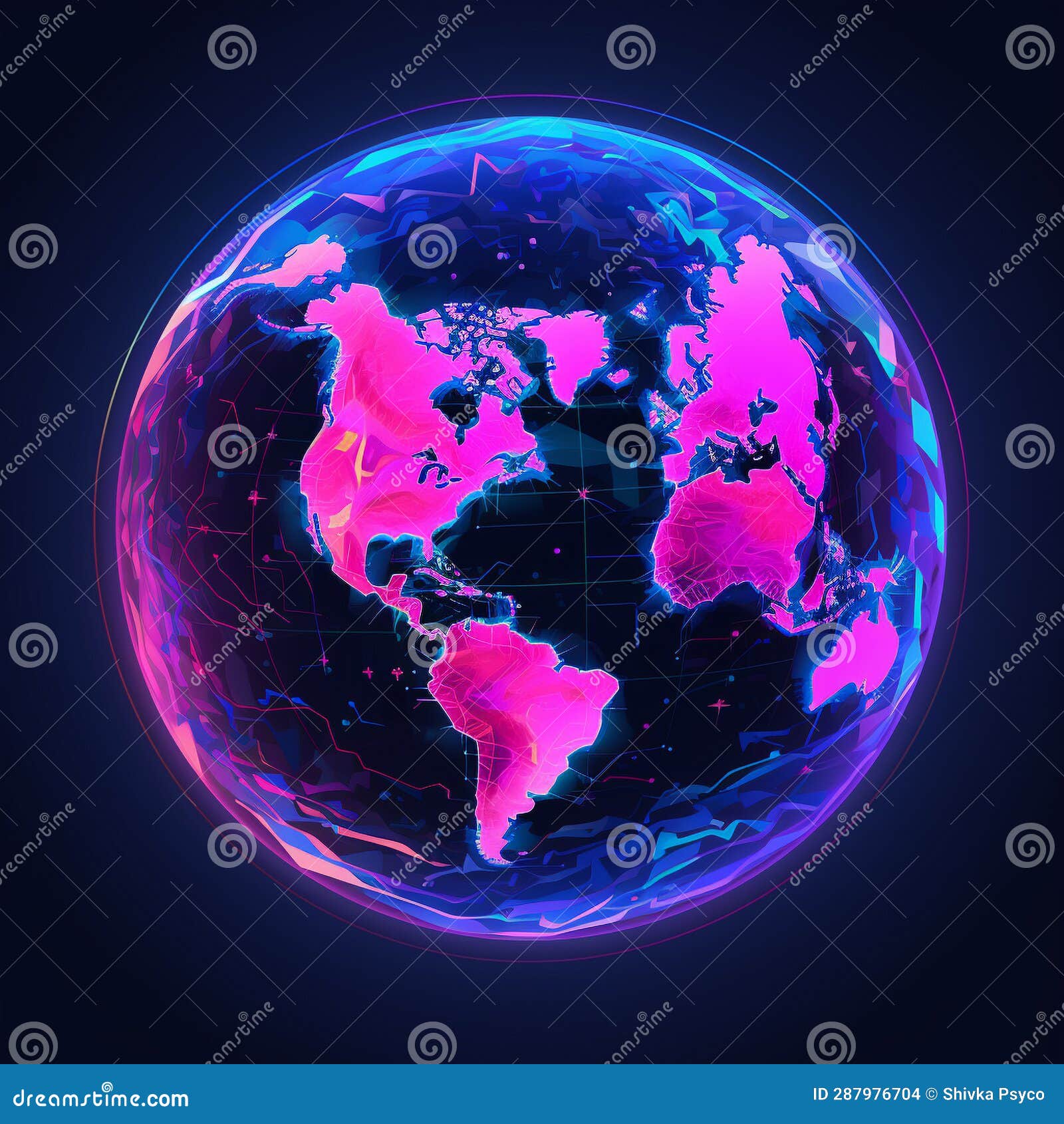 Neon Glowing Earth Retro Wave Digital Art on Blue Background Generative ...