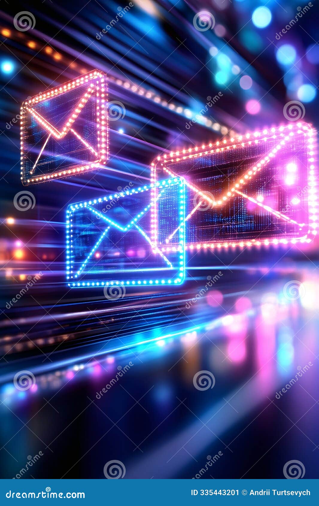 Neon Glowing Email Icons in Motion Representing Digital Communication ...