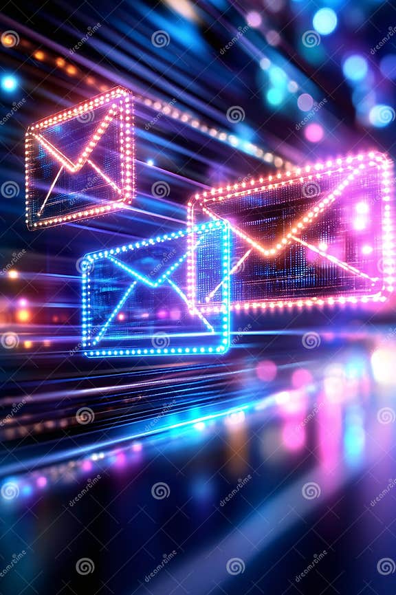 Neon Glowing Email Icons in Motion Representing Digital Communication ...
