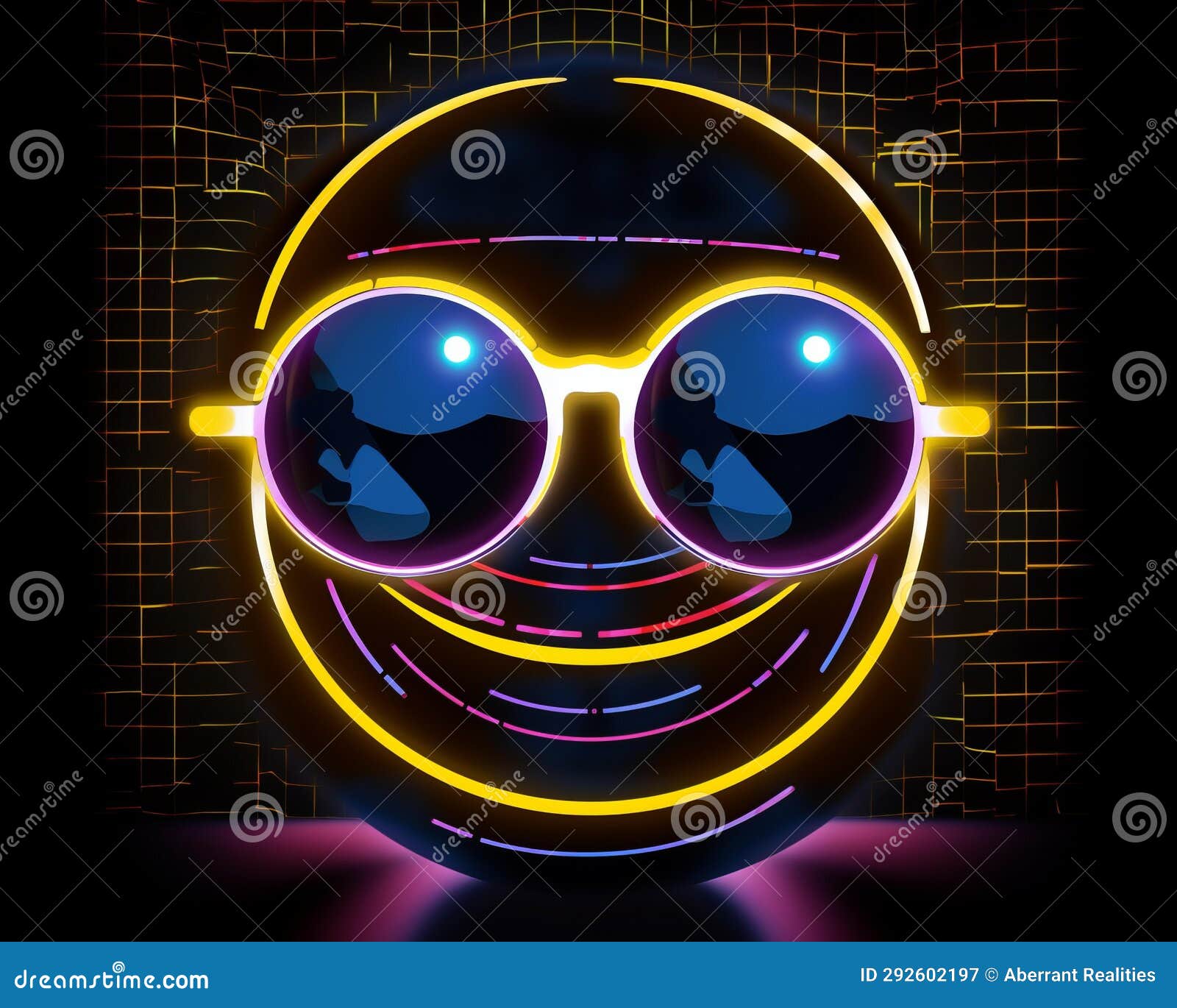 A Neon Glowing Face with Sunglasses on a Black Background Stock ...