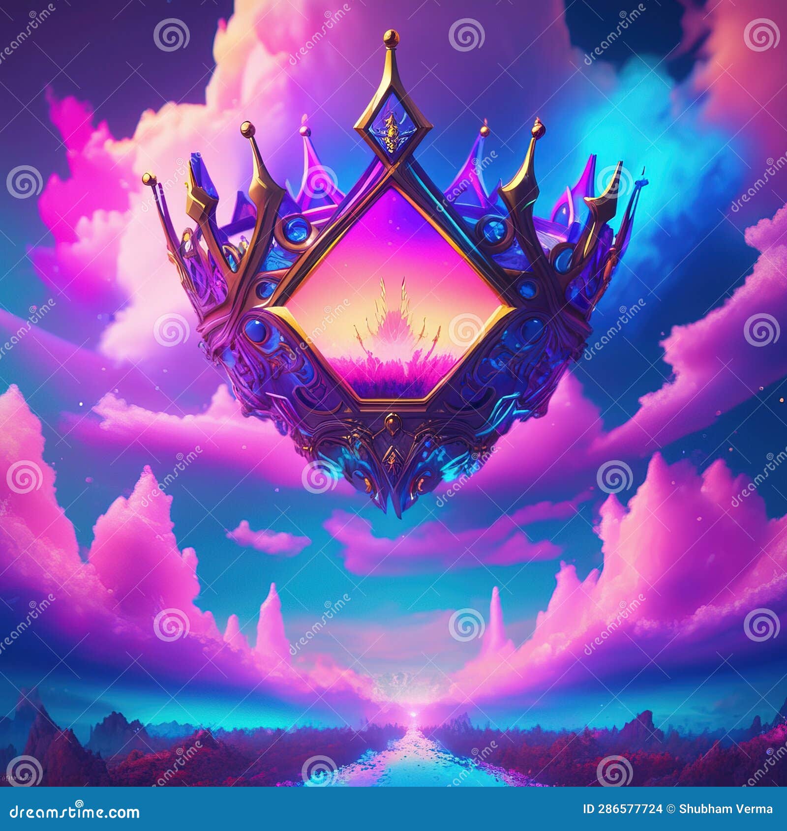 Neon Glowing Fantasy Landscape with Magic Elements. Stock Illustration ...